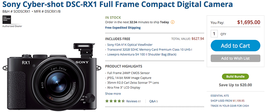 Deal of the day: Sony RX1 with OVF, SD card and bag for $1,695 - Photo ...