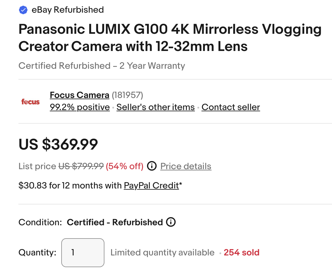 Deal of the day: certified refurbished Panasonic LUMIX G100 mirrorless ...
